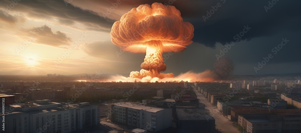 Nuclear explosion of an atom bomb with a mushroom cloud causing an ...