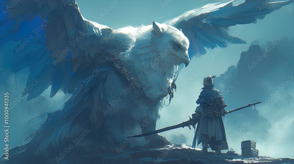 A majestic, large gryphon stands on rugged terrain, displaying its ...