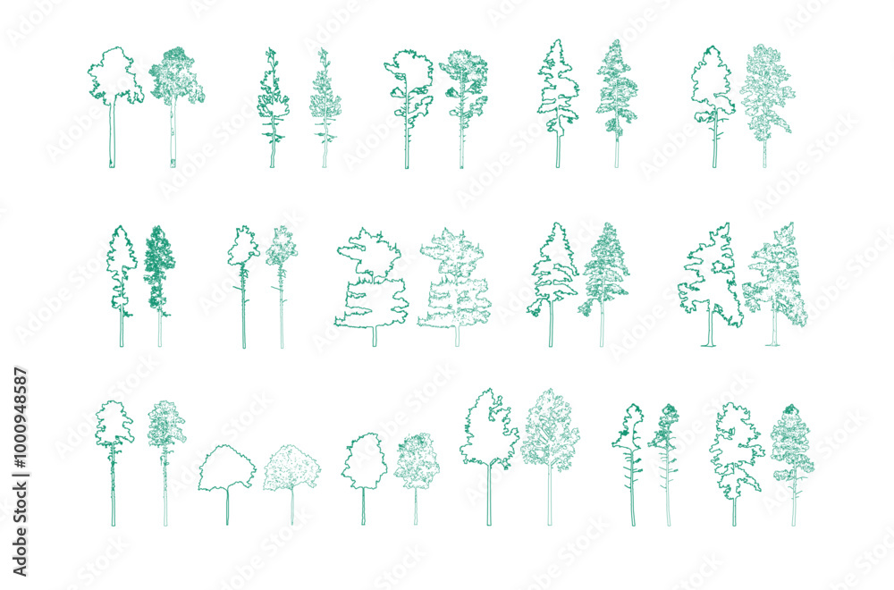 Minimal style cad tree line drawing, Side view, set of graphics trees ...