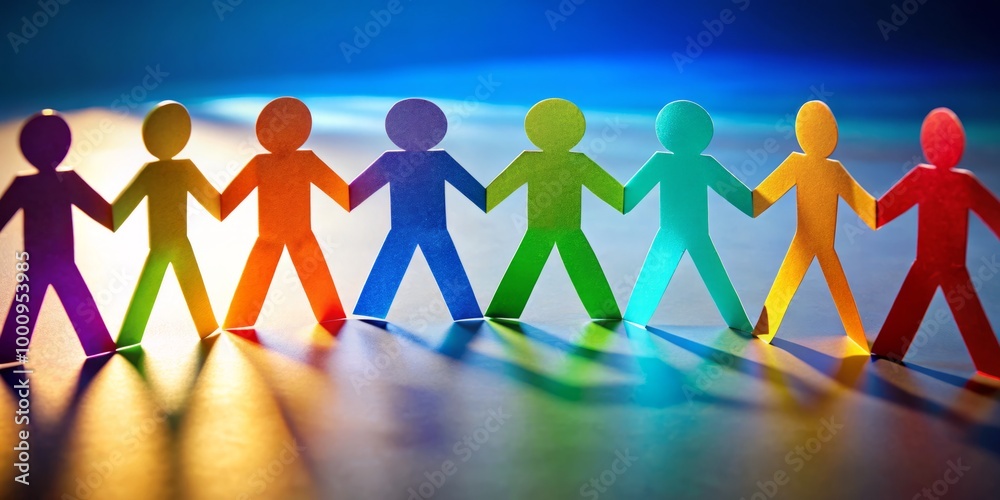 Linked together, bright paper chain figures symbolize the essence of teamwork, unity, and ...