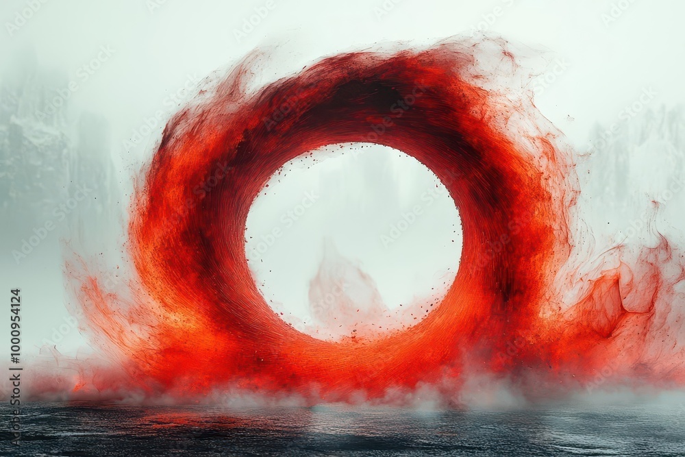 a vibrant red abstract ring of swirling particles creating a ...