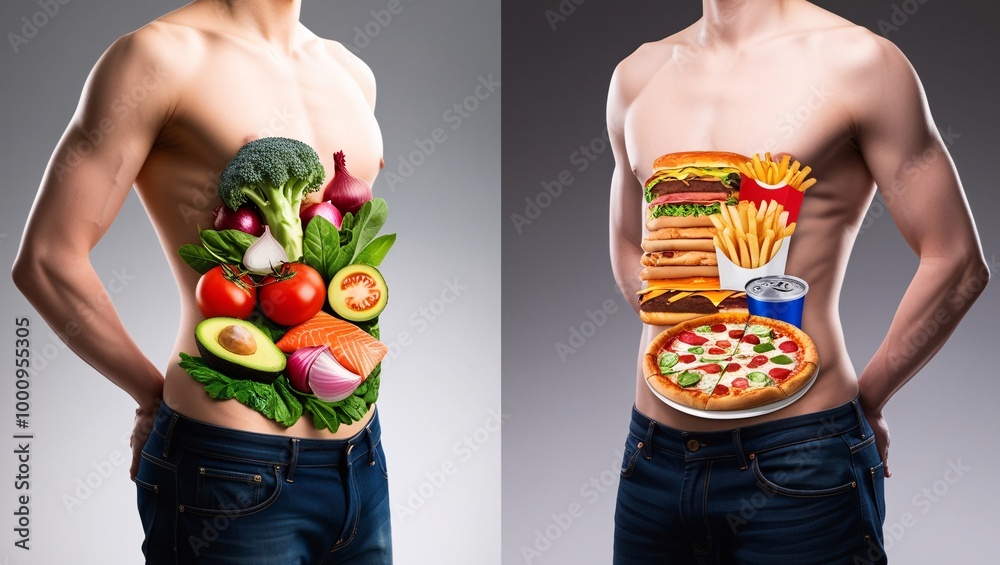 Comparison of Healthy vs. Unhealthy Diets Two Human Torsos with Foods ...