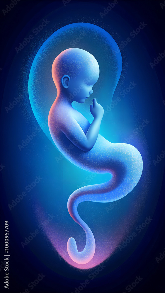 Fetus hologram with question mark on dark blue background. Pregnancy ...