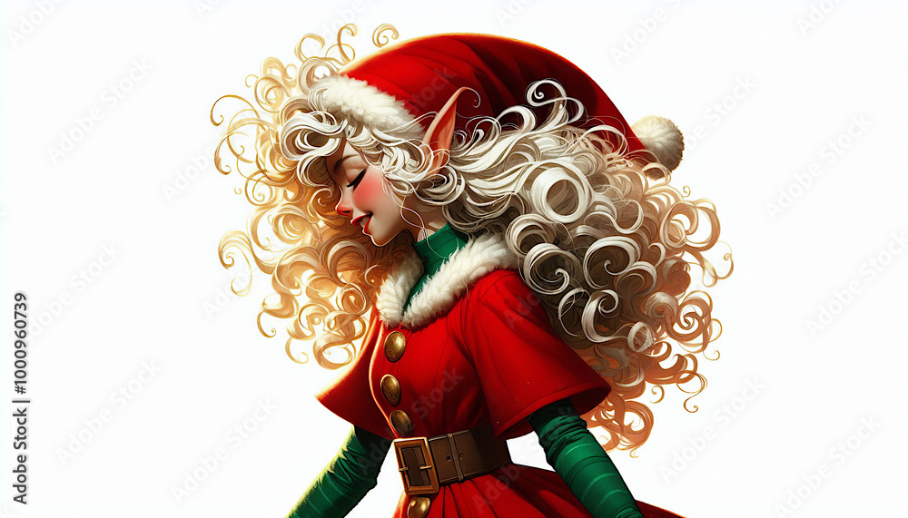 shy elf girl with white curly hair in a red dress Stock Illustration ...