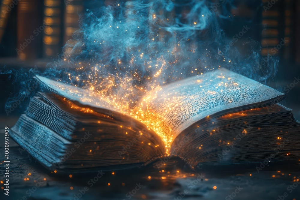 ancient magical grimoire open and enveloped in sparkling wisps of smoke ...