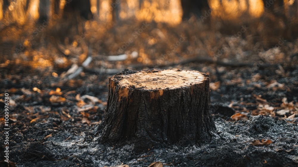 Focus on a scorched tree stump in a forest laid to waste by fire, with ...