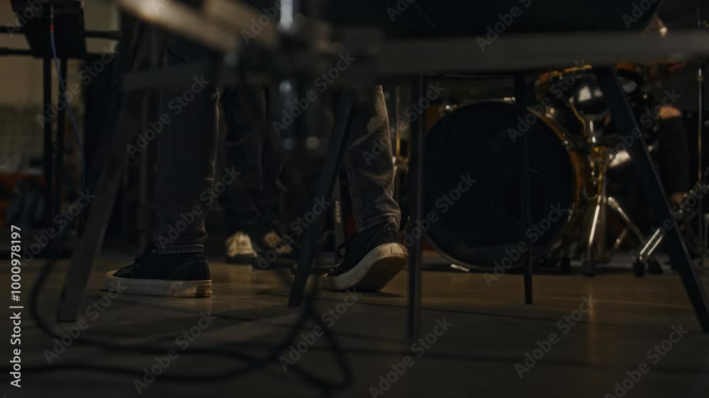 Close-up of feet of anonymous male musician wearing canvas shoes ...