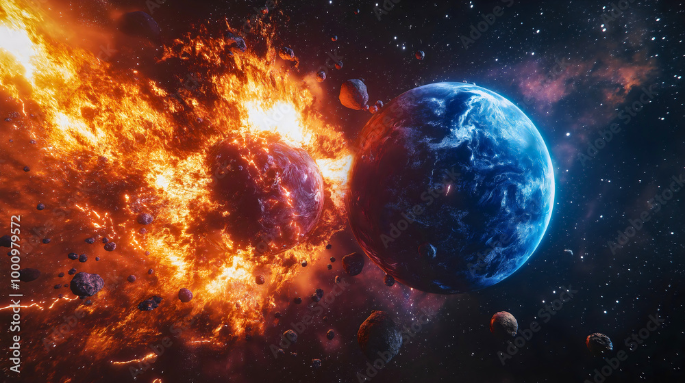 Planets in a galaxy colliding with each other, causing a massive ...