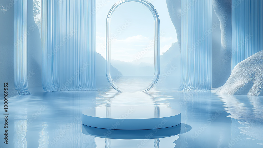 Modern Glass Podium and Floating Circle in Light Blue Studio Setting ...