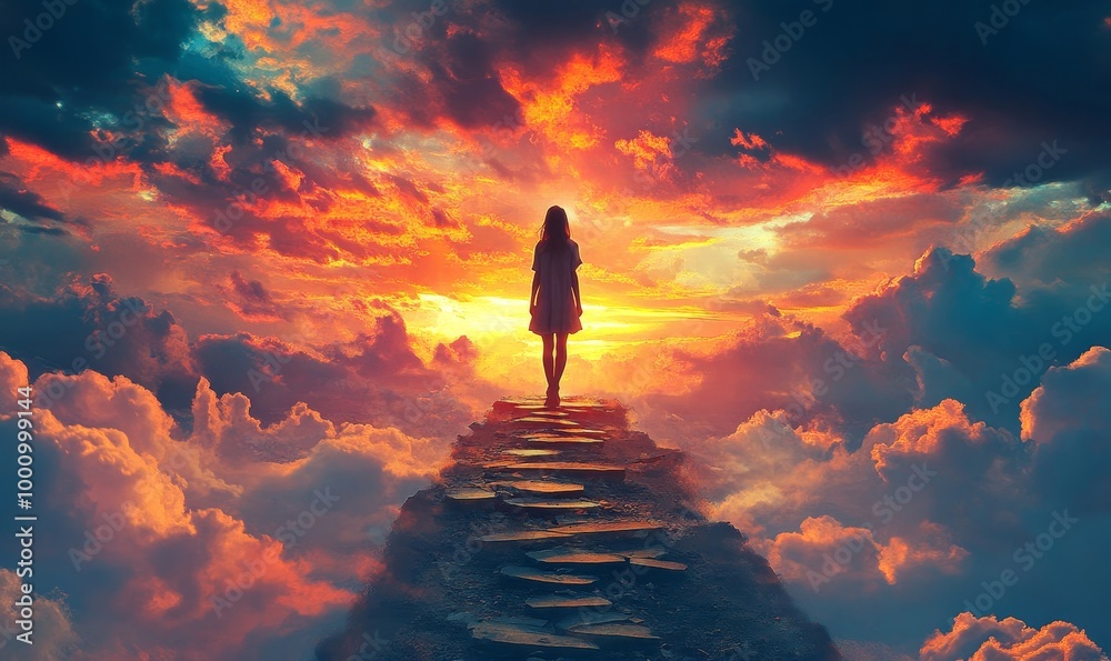 Young woman on broken staircase ascending to sky, surreal digital art ...