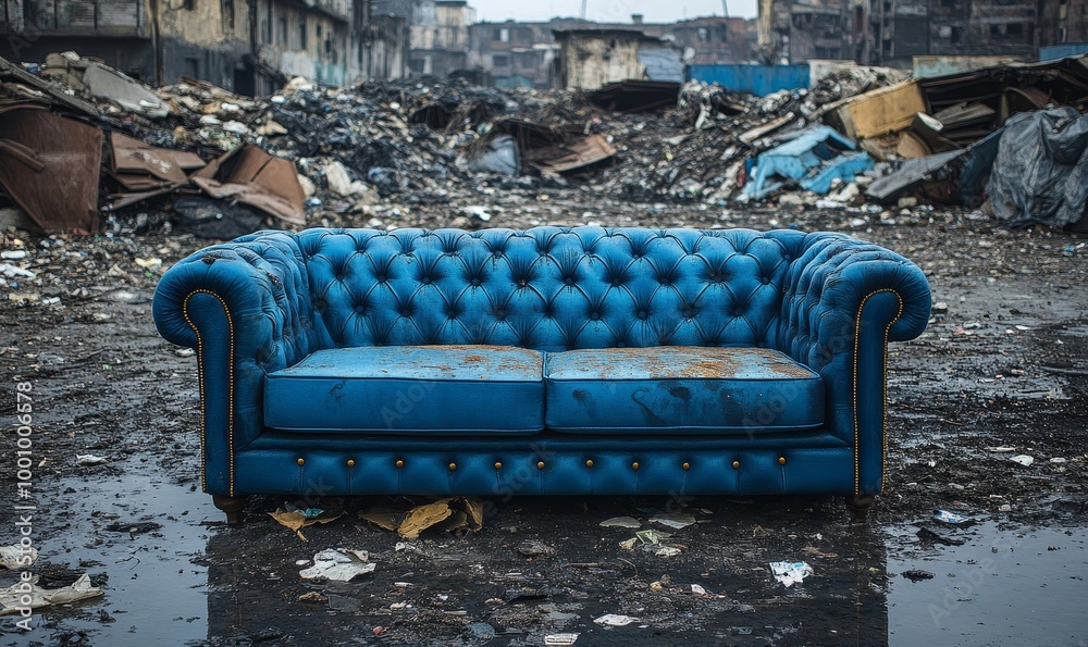 Contrasted Beauty: Luxurious Blue Couch Amidst Urban Dump, Unexpected ...