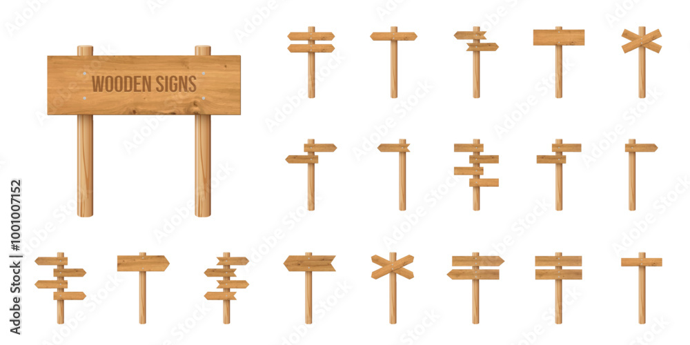 3d wooden signboards set vector illustration. Realistic wood sign posts ...