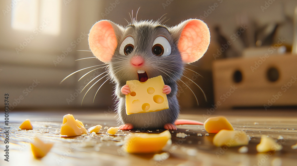 A cartoon-style mouse holding cheese in its paws, happily eating the ...