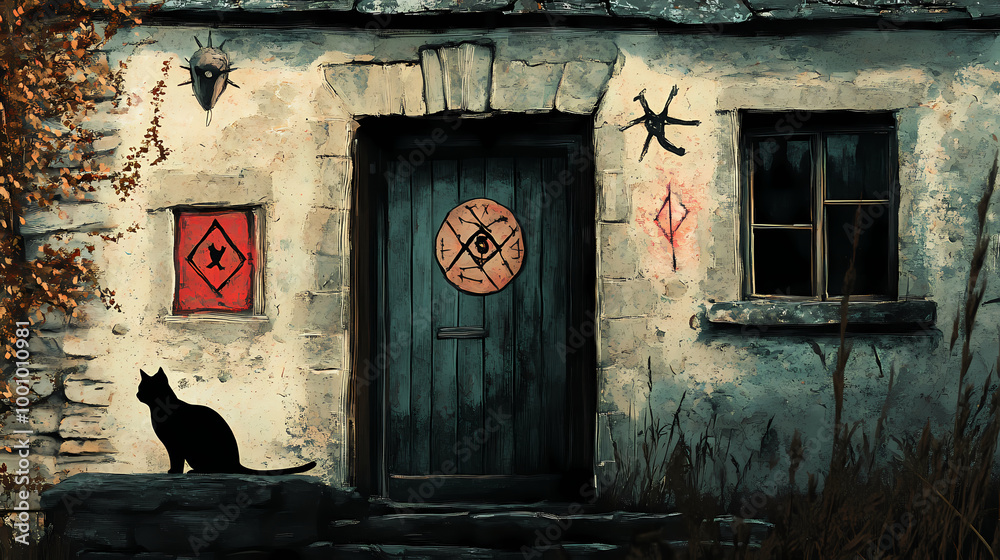 Generative AI, Old Cottage on the Moors with Occult Symbols and a Black ...