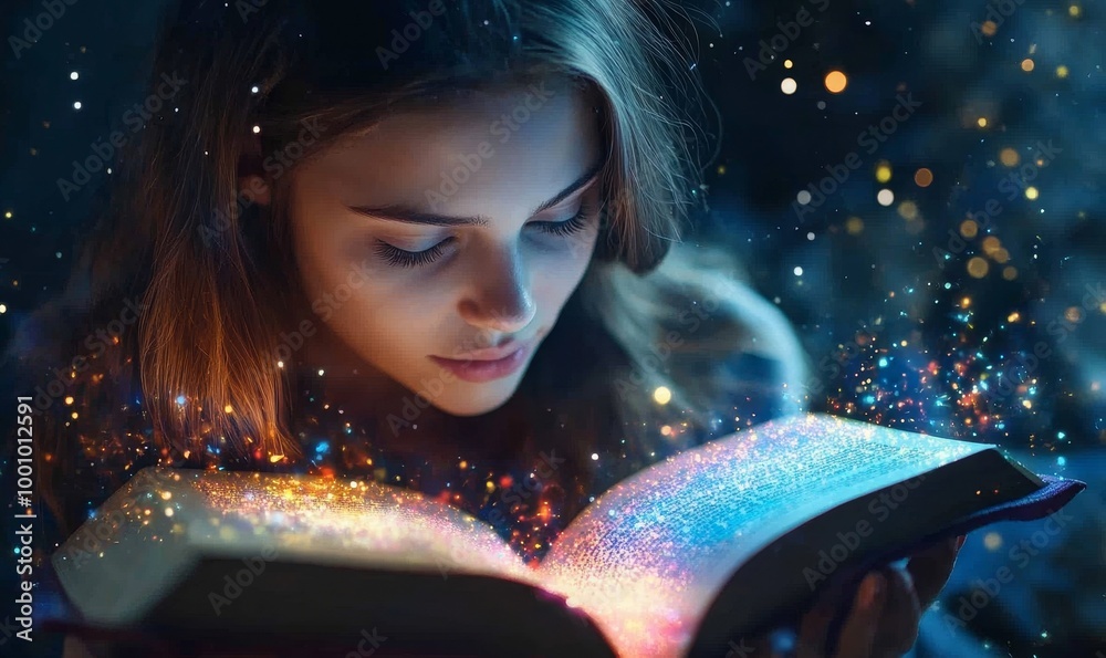 Enthralled Teen Girl Reading Glowing Book of Knowledge in a Magical ...