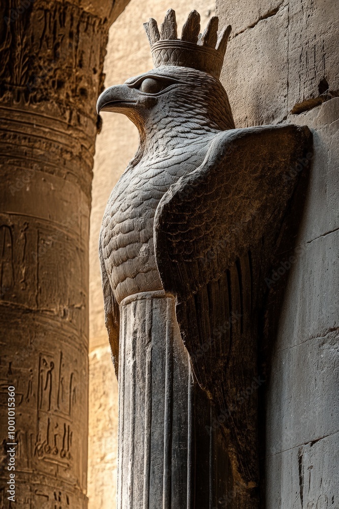 ancient egyptian carved stone sculpture of a bird with a crown Stock ...