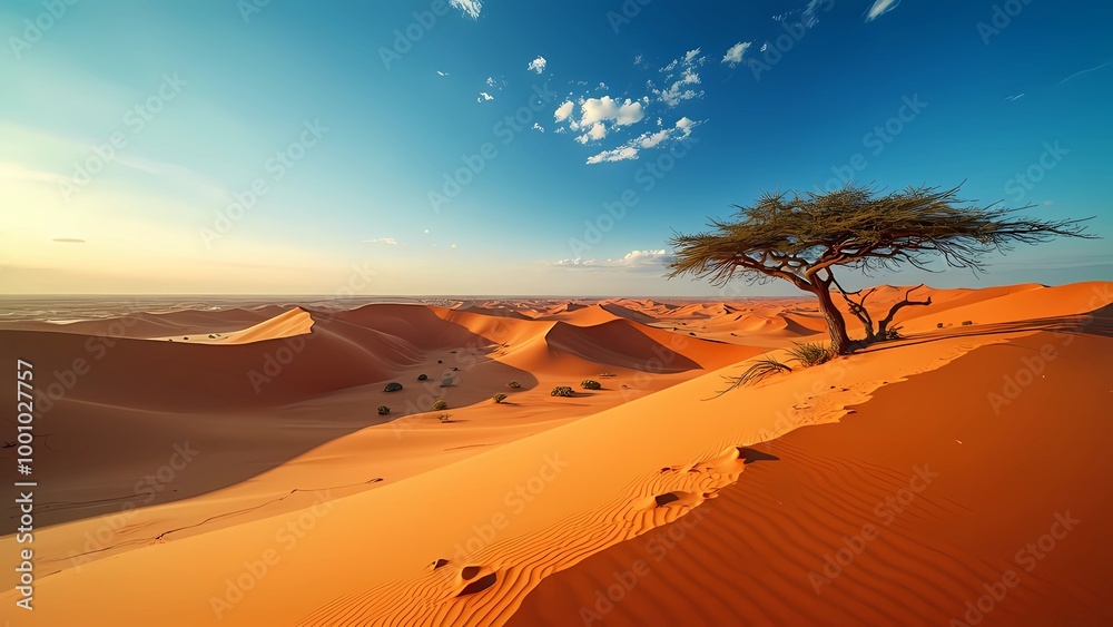 A solitary tree rises in the vast expanse of the Sahara Desert ...