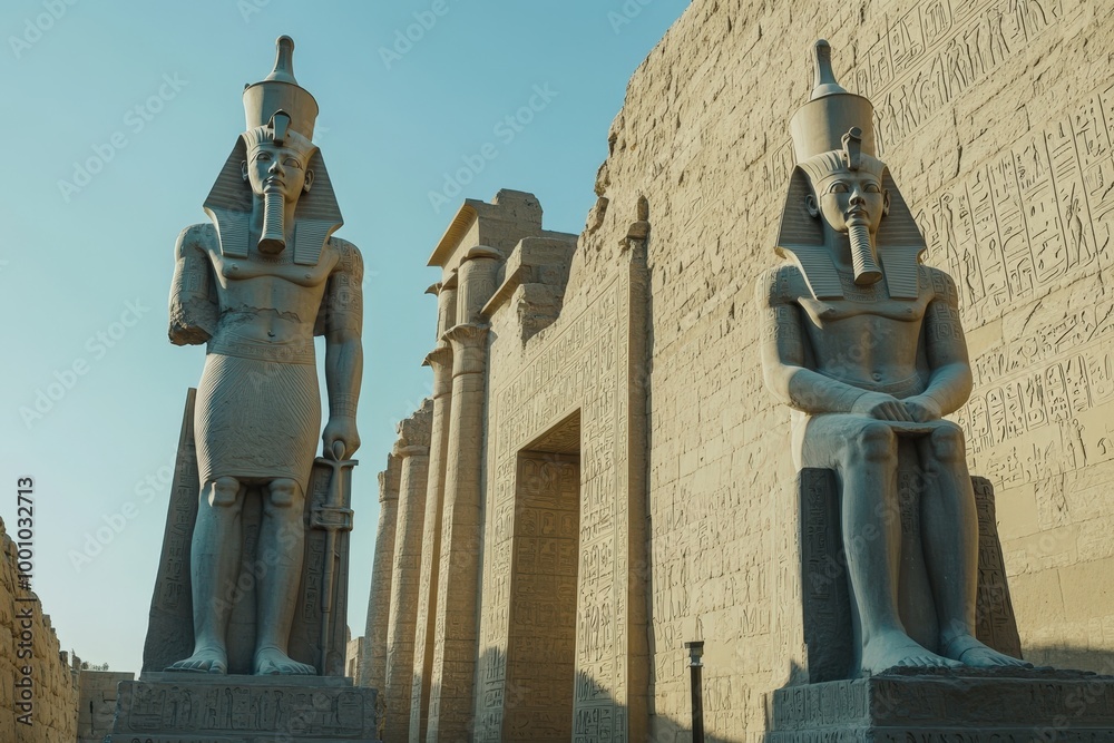 Colossal statues of pharaohs in ancient egyptian temple Stock ...