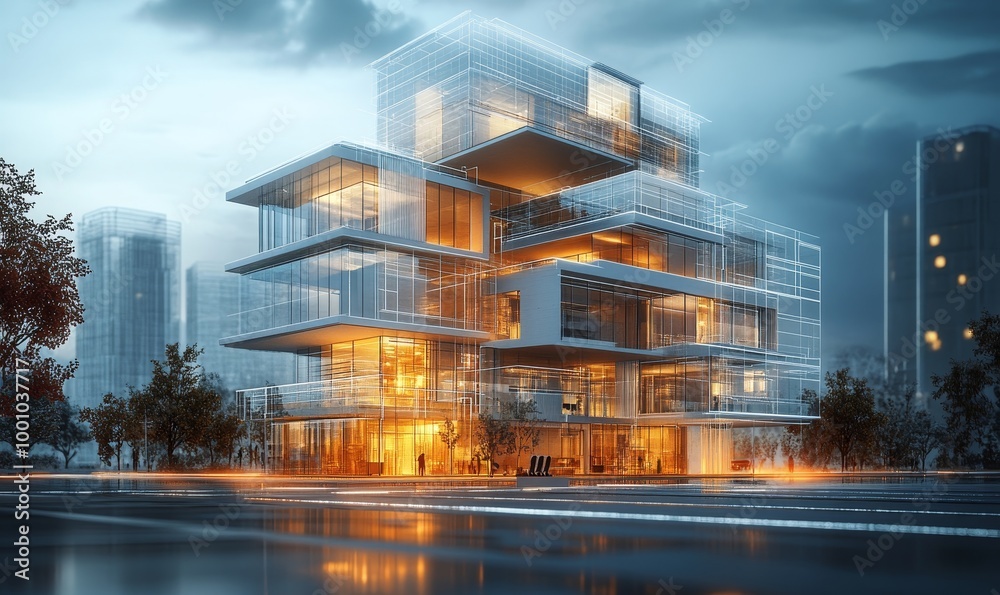 Digital BIM Architecture Model with Modern Multi-Story Building, Sunset ...