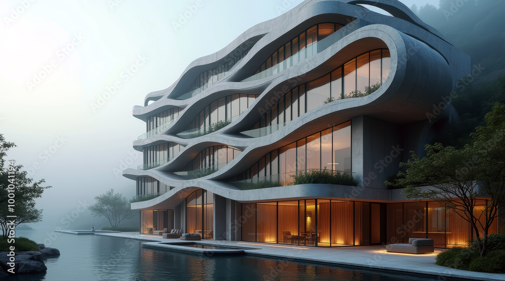 Layered Glass Facade Design for a Hotel with Misty Background and ...