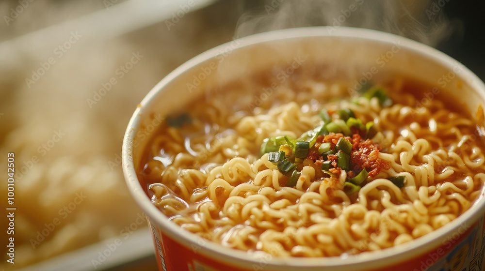 A close-up of instant noodles in a cup, with a focus on the noodles and ...