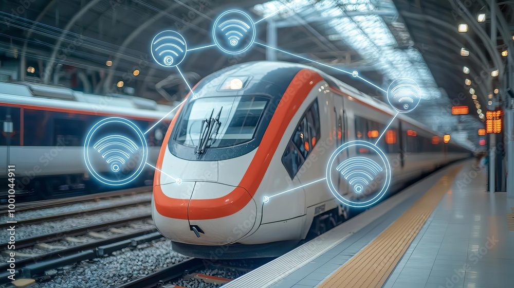 Power of 5G High-speed train surrounded by 5G symbols indicating ...
