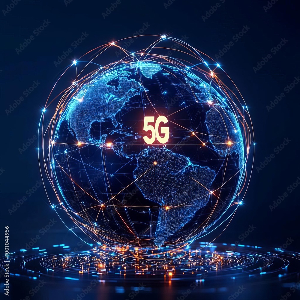 Power of 5G Holographic earth with glowing lines and 5G nodes ...