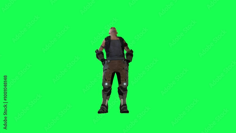 3D animation of a warrior man exercising and training on a green screen ...