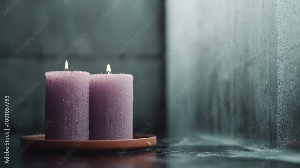 This image shows two purple candles burning side by side on a ...