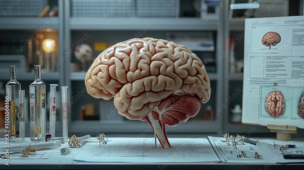 An educational scene featuring a human brain cross-section with labeled ...