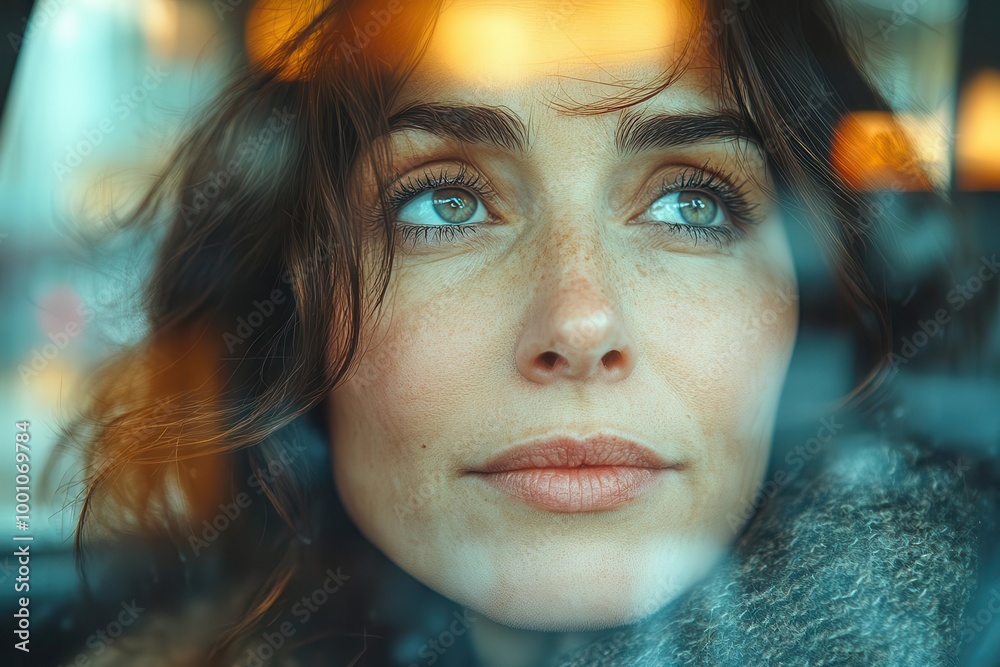 fortyyearold spanish woman gazing thoughtfully out of a car window ...