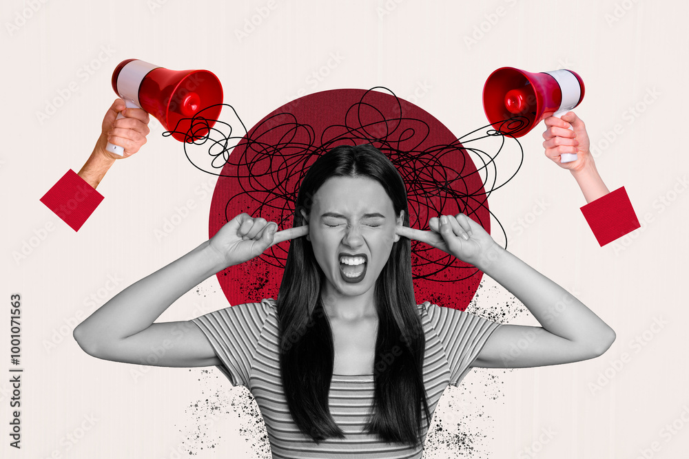 Composite photo collage of angry girl shut ears scream hand ...