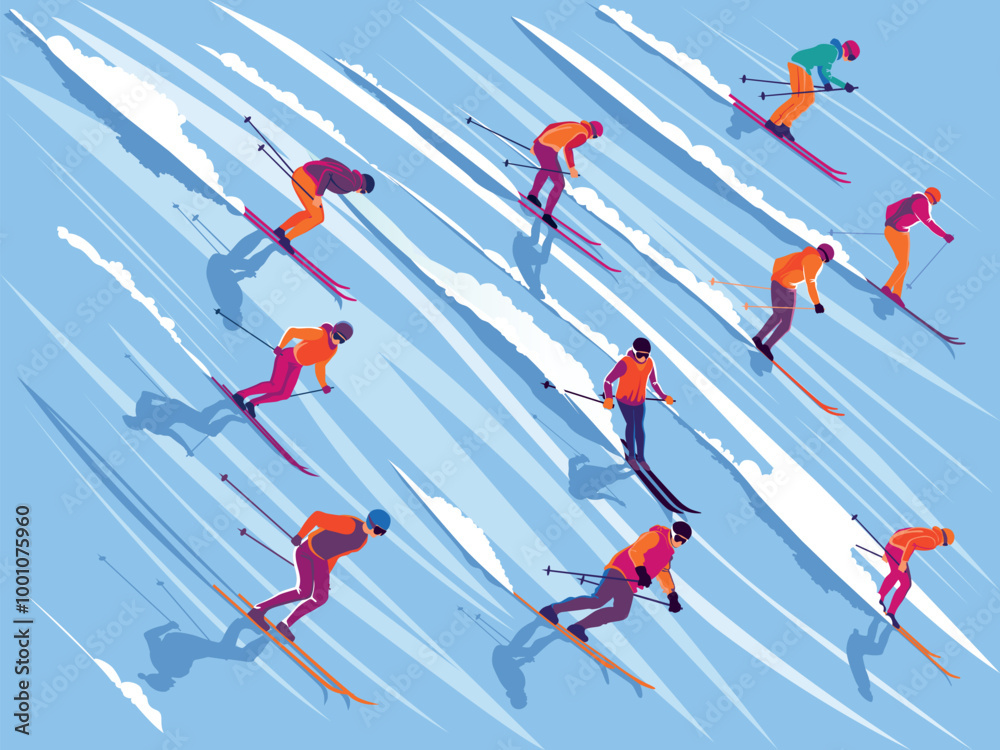 Vector set of mountain skiers in bright suits going down the slope ...