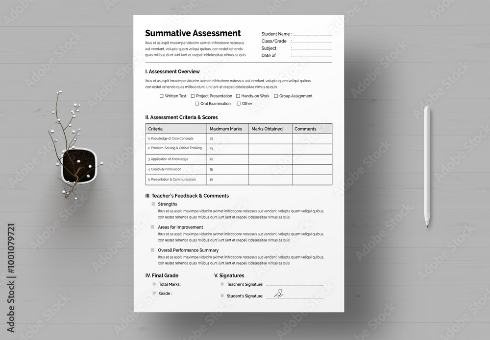 Summative Assessment Form Stock Template | Adobe Stock