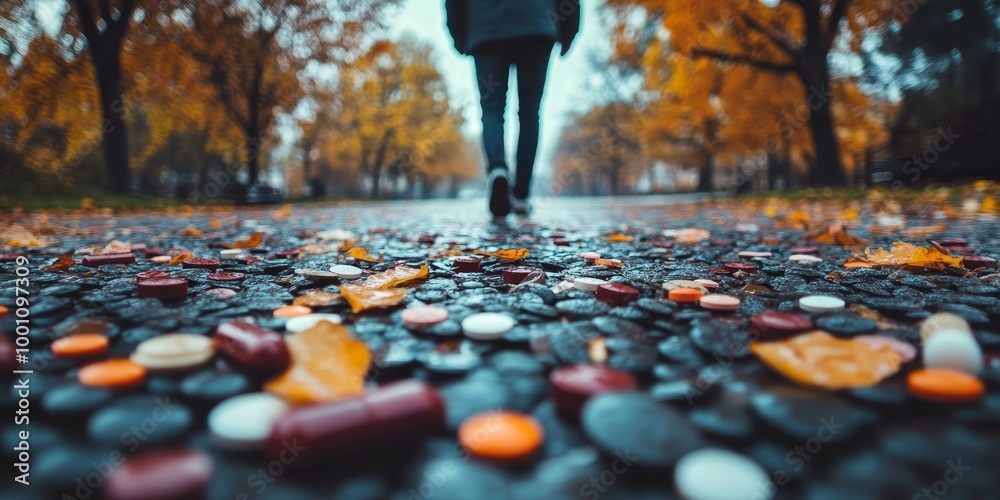 Symbolic journey of overcoming drug addiction with scattered pills on ...
