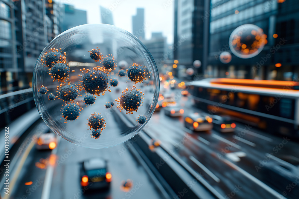 Microscopic view of PM2.5 particles floating in an urban environment ...