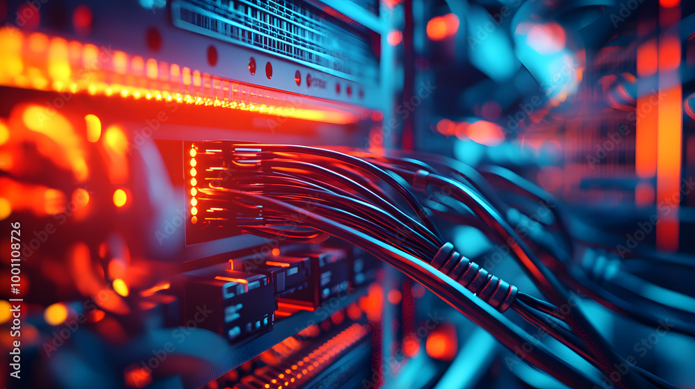 Server rack with fiber optic cables attached to panel switch ports ...