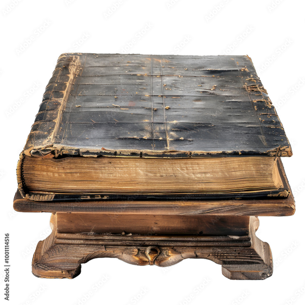 Old heavy book with damaged cover and yellow pages resting on vintage ...