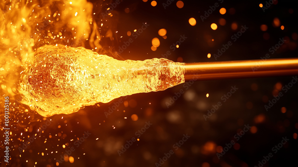 3d An extreme close-up of a glassblower's molten glass being shaped at ...