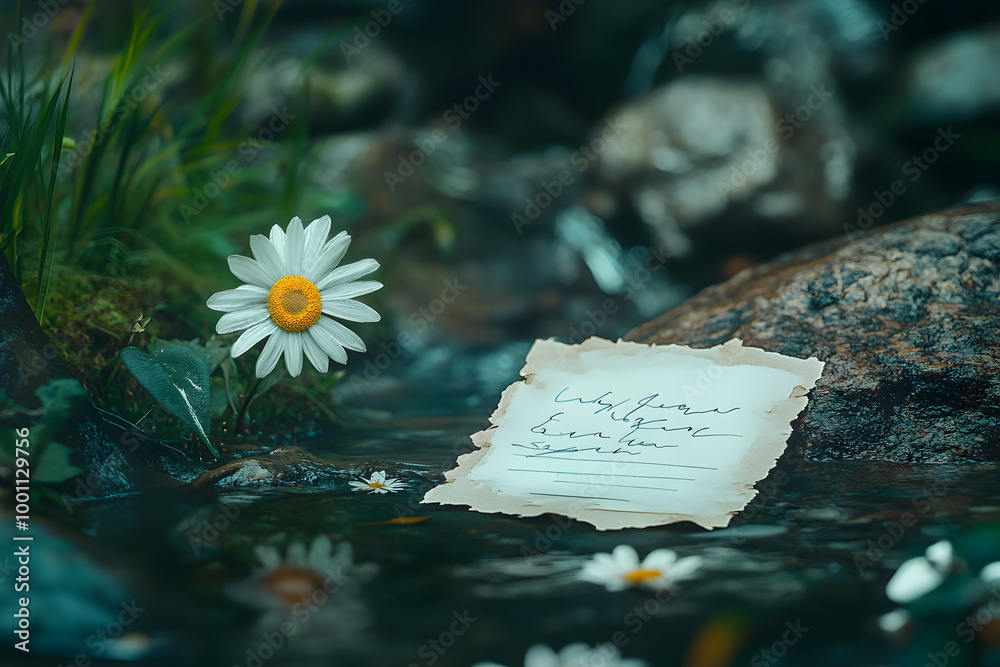 Handwritten note next to a delicate daisy in a serene natural stream ...