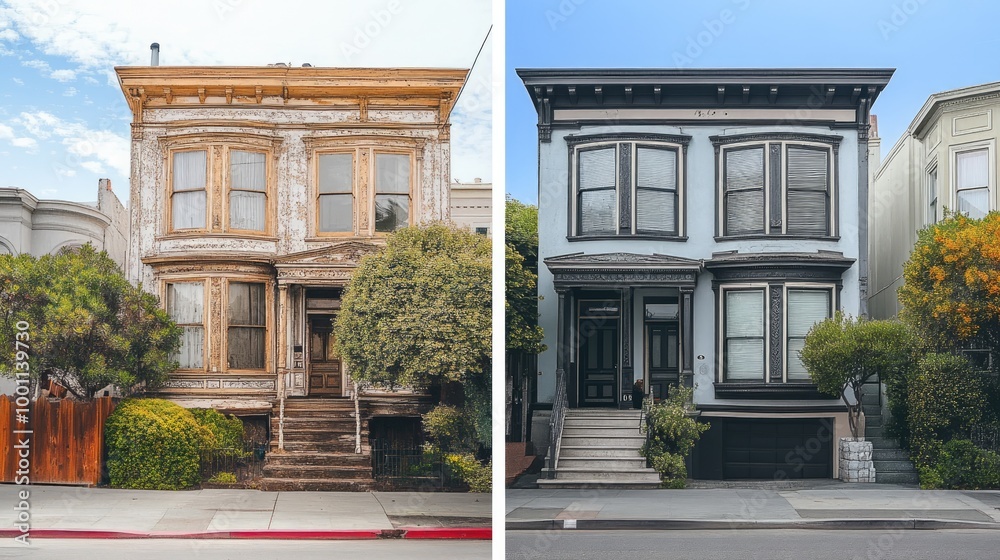 A split image showing an old, neglected home's facade alongside its ...