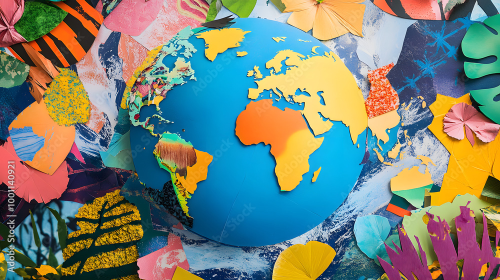 World, globe and collage art made of paper school project, humanity and ...