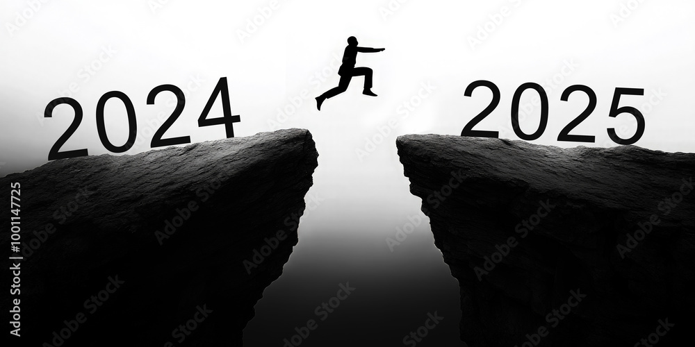 Person silhouette leaps between cliffs marking 2024 and 2025 ...