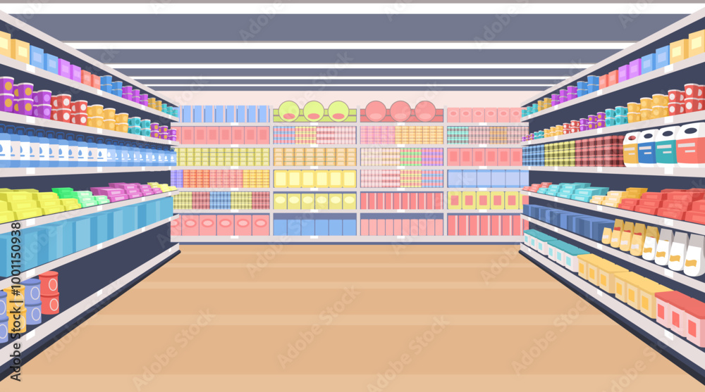 Poster Retail shop inside with shelves row full of goods background ...