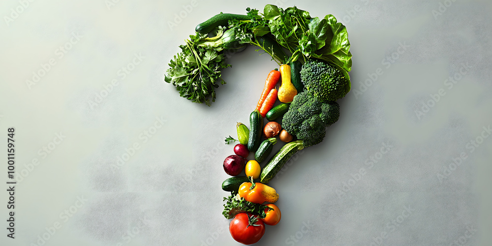 Question mark made by vegetables and fruits; healthy food concepts ...