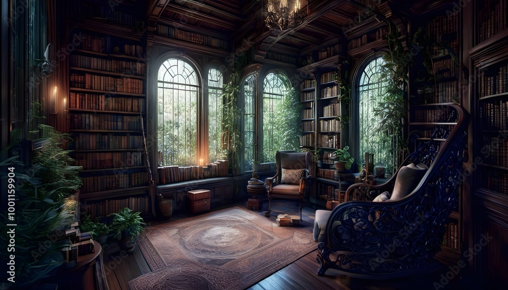 Charming library sanctuary featuring wooden floors, thriving indoor ...