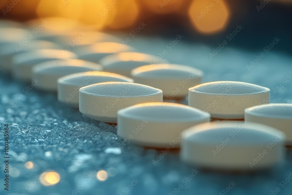 neatly arranged white medicinal tablets on a soft blurred background ...