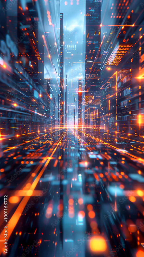 Magical 3D business graphic in a futuristic setting, side view ...