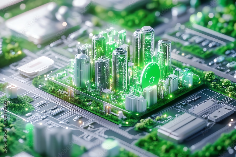 Futuristic city model integrated on a green electronic motherboard ...