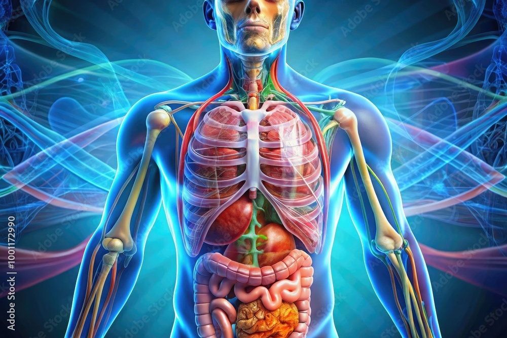 Anatomical illustration of the human body featuring detailed internal ...